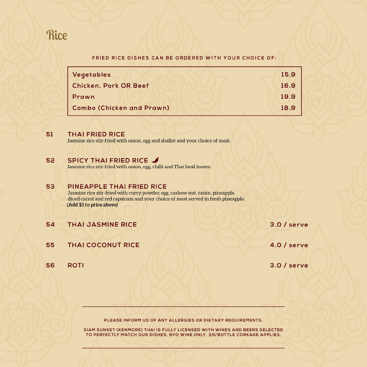 Dine-in Menu – Siam Sunset Kenmore – Thai Restaurant in Kenmore, Brisbane