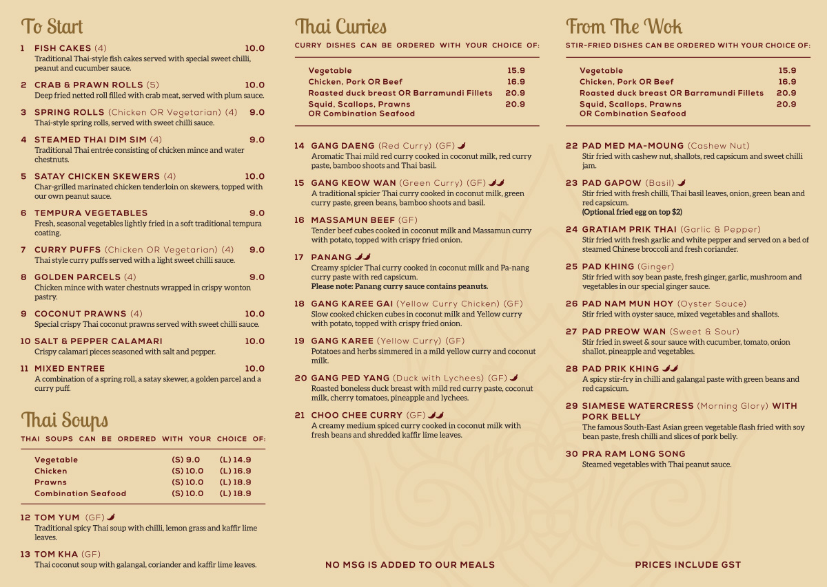 Takeaway Menu – Siam Sunset Kenmore – Thai Restaurant in Kenmore, Brisbane